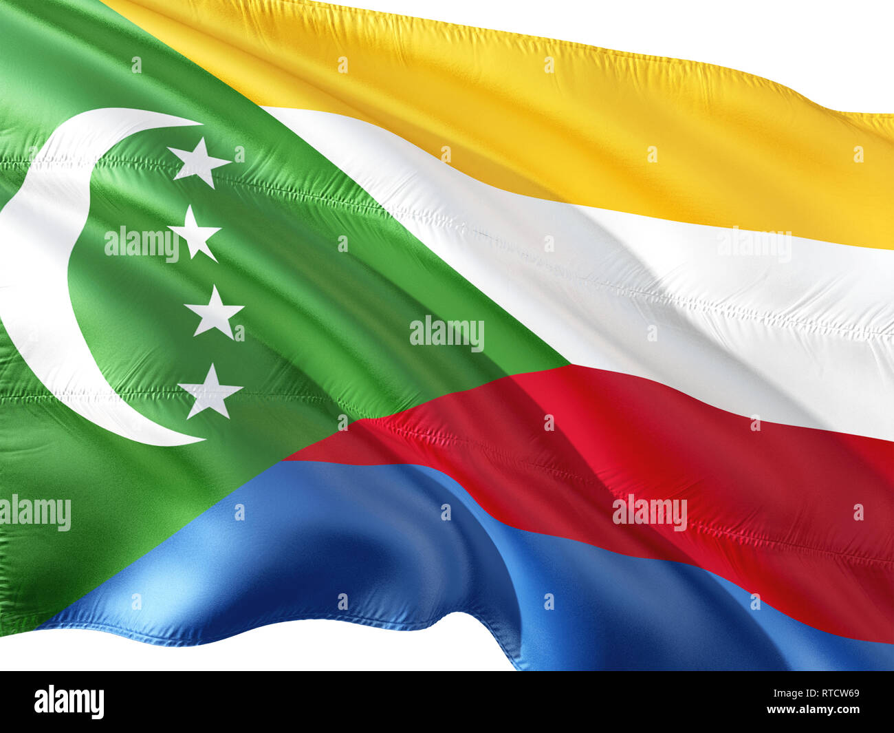 Flag of Comoros waving in the wind, isolated white background Stock ...