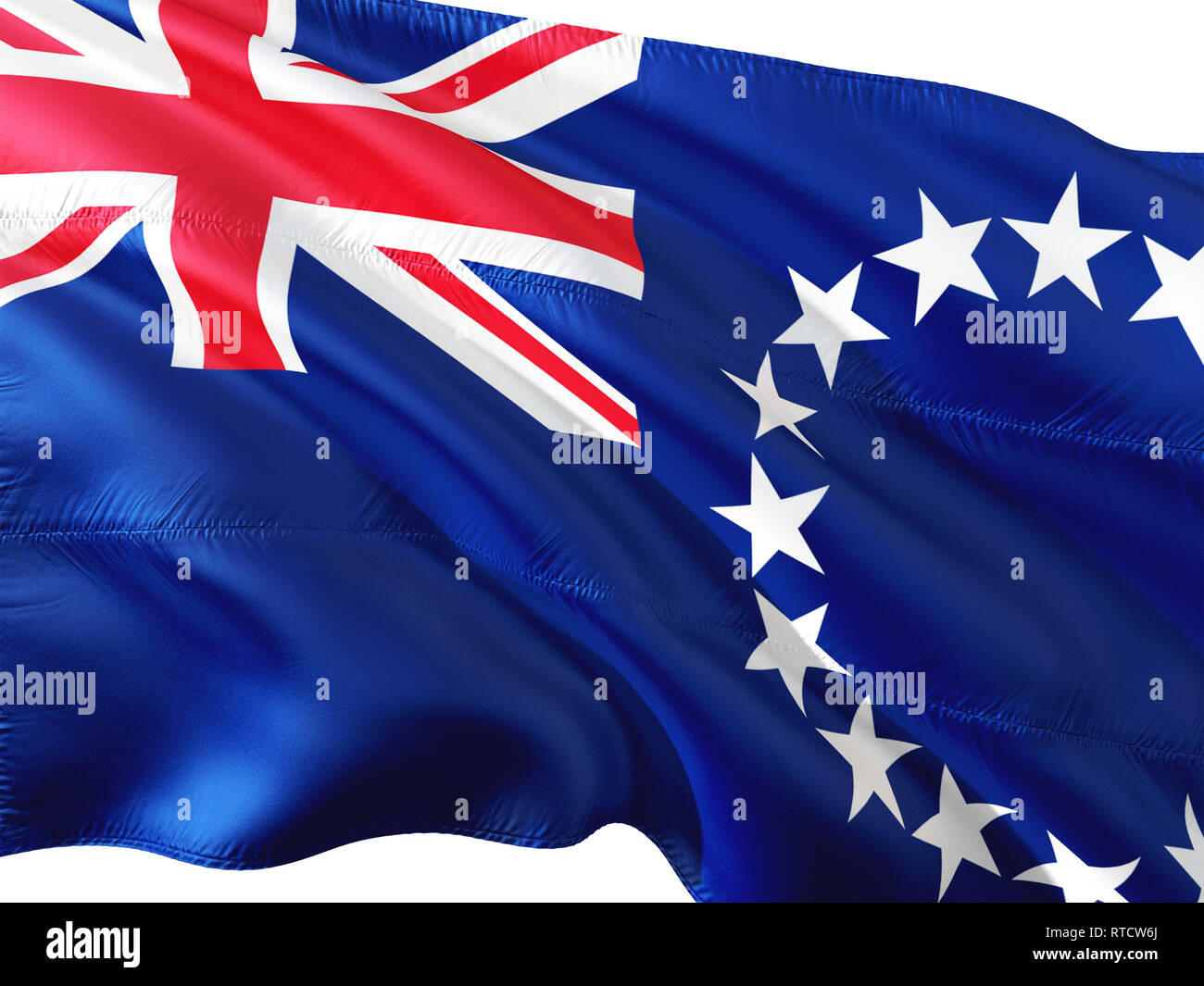Flag of Cook Islands waving in the wind, isolated white background. 3D ...
