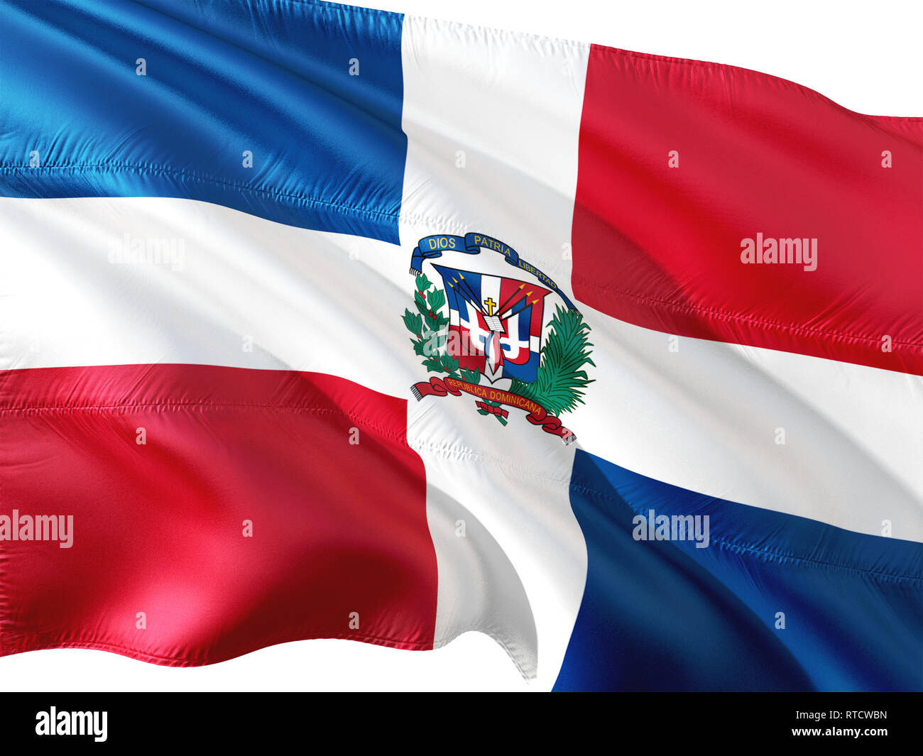 Flag of Dominican Republic waving in the wind, isolated white ...