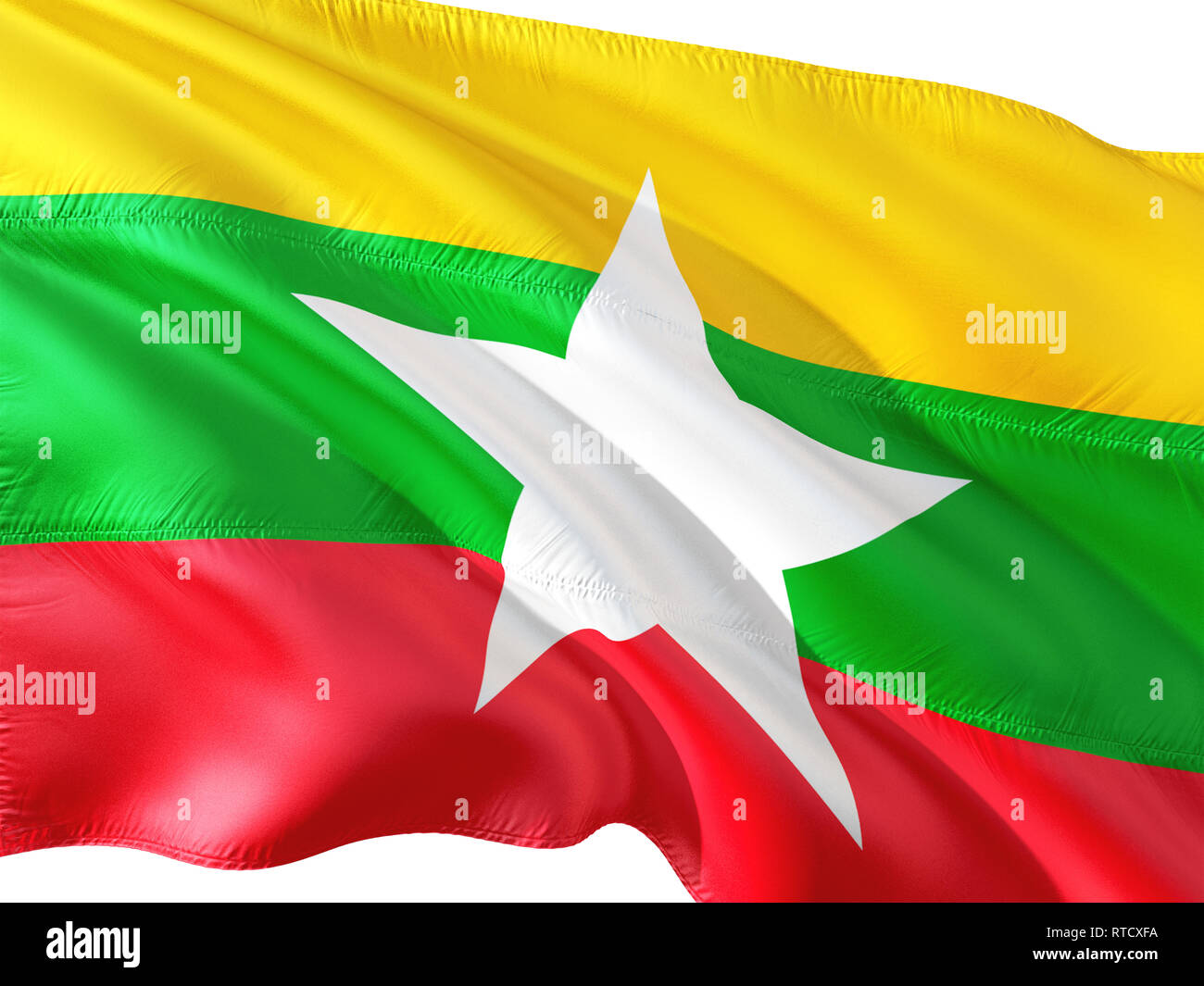 Flag of Myanmar (Burma) waving in the wind, isolated white background ...