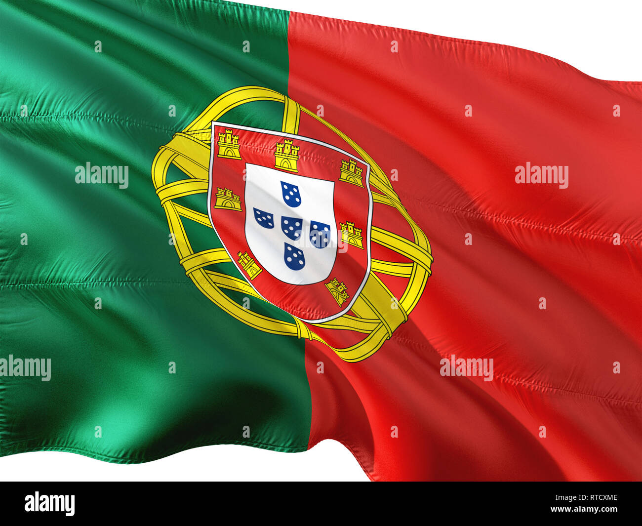 Flag of Portugal waving in the wind, isolated white background Stock ...