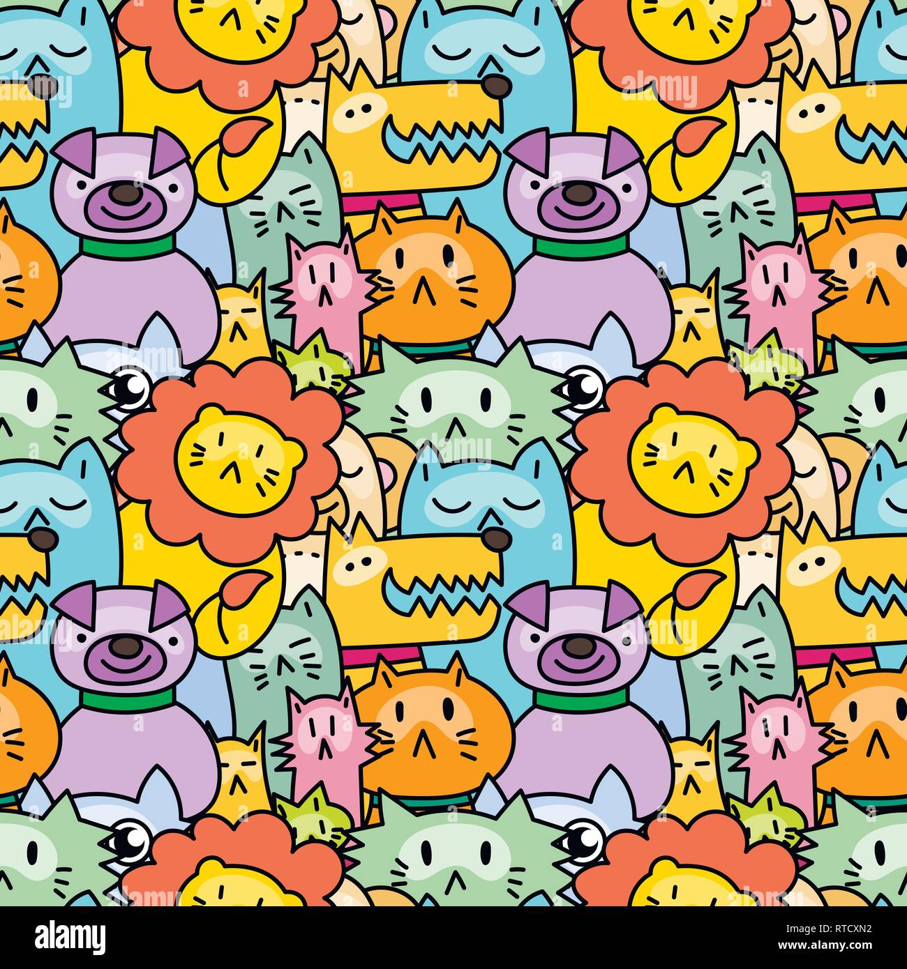 Seamless pattern with cute animals. Dogs, Cats, lion. Vector ...