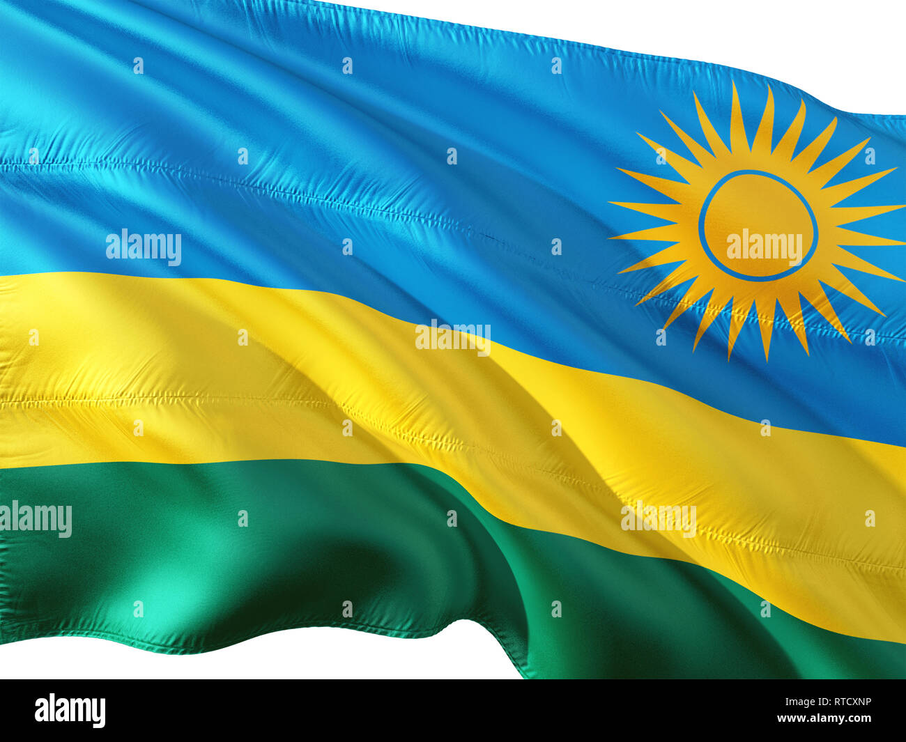 Flag of Rwanda waving in the wind, isolated white background Stock ...