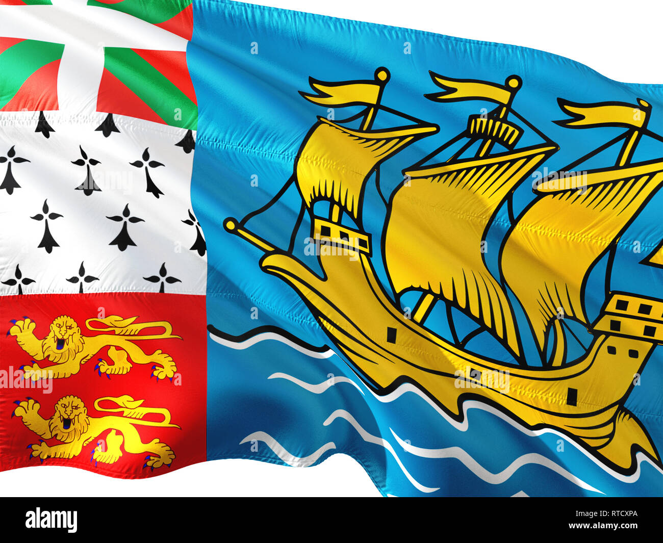 Flag of Saint Pierre And Miquelon waving in the wind, isolated white ...