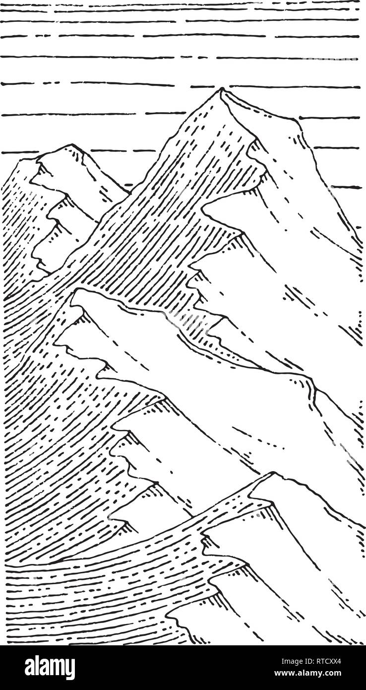 Hand drawn image of a mountain peak, engraving style, grunge textured ...
