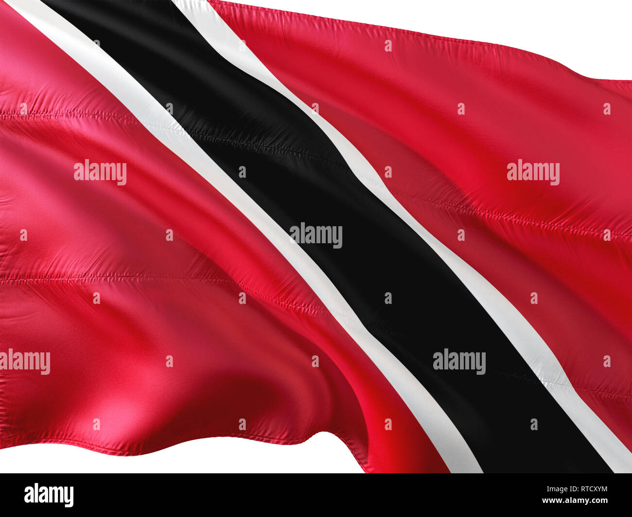 Flag of Trinidad and Tobago waving in the wind, isolated white background. 3D rendering fabric ...