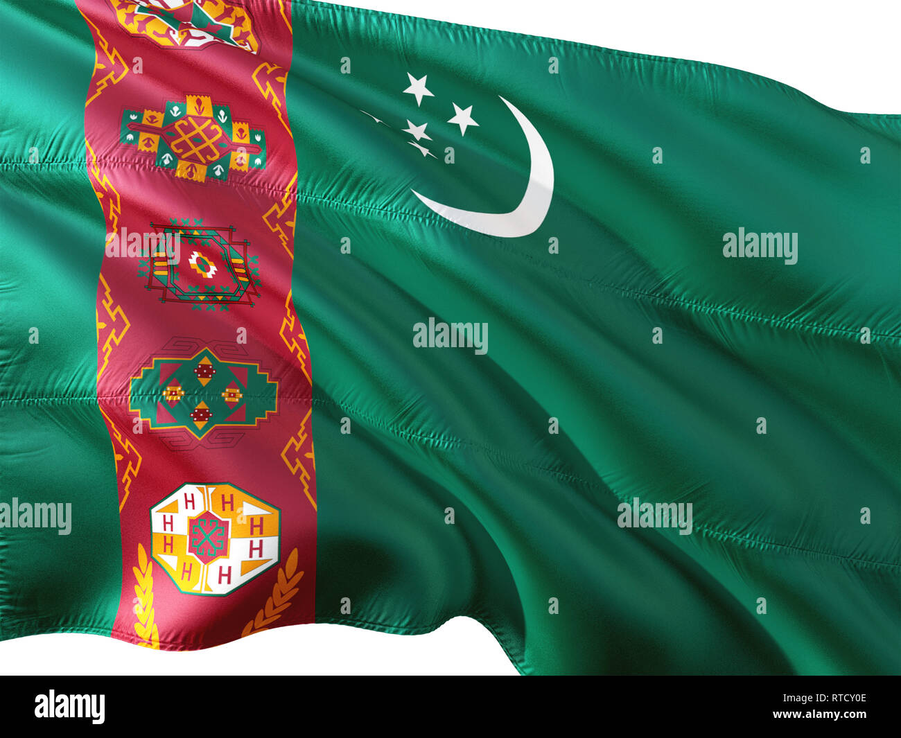 Flag Of Turkmenistan Waving In The Wind Isolated White Background