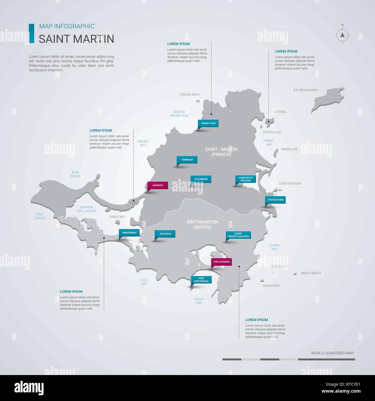 Saint Martin vector map with infographic elements, pointer marks ...