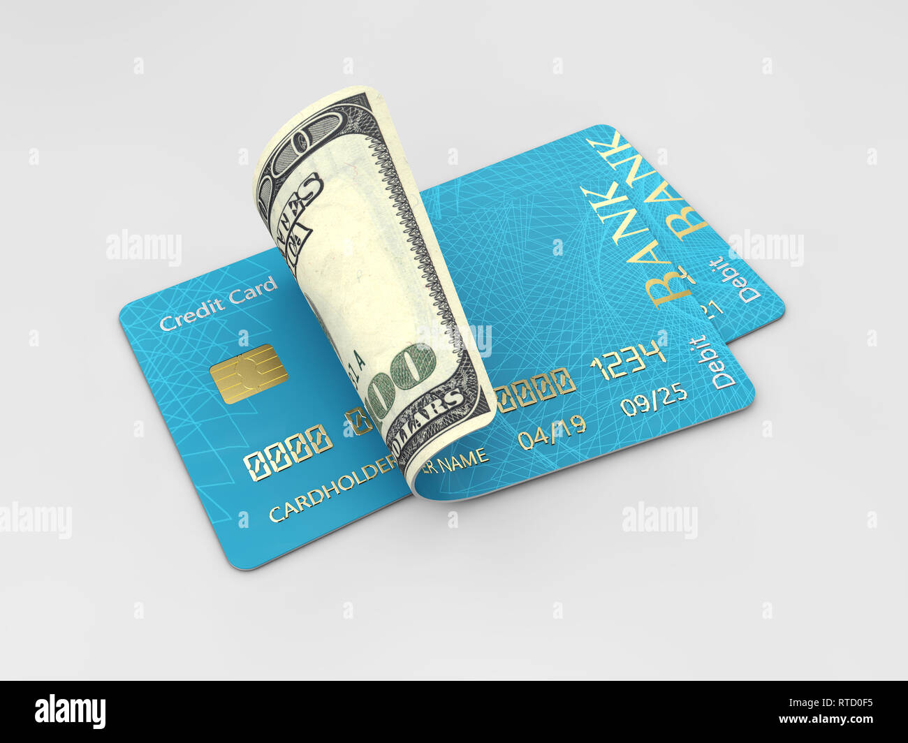 3D illustration of glossy blue credit card and dollars isolated on gray ...