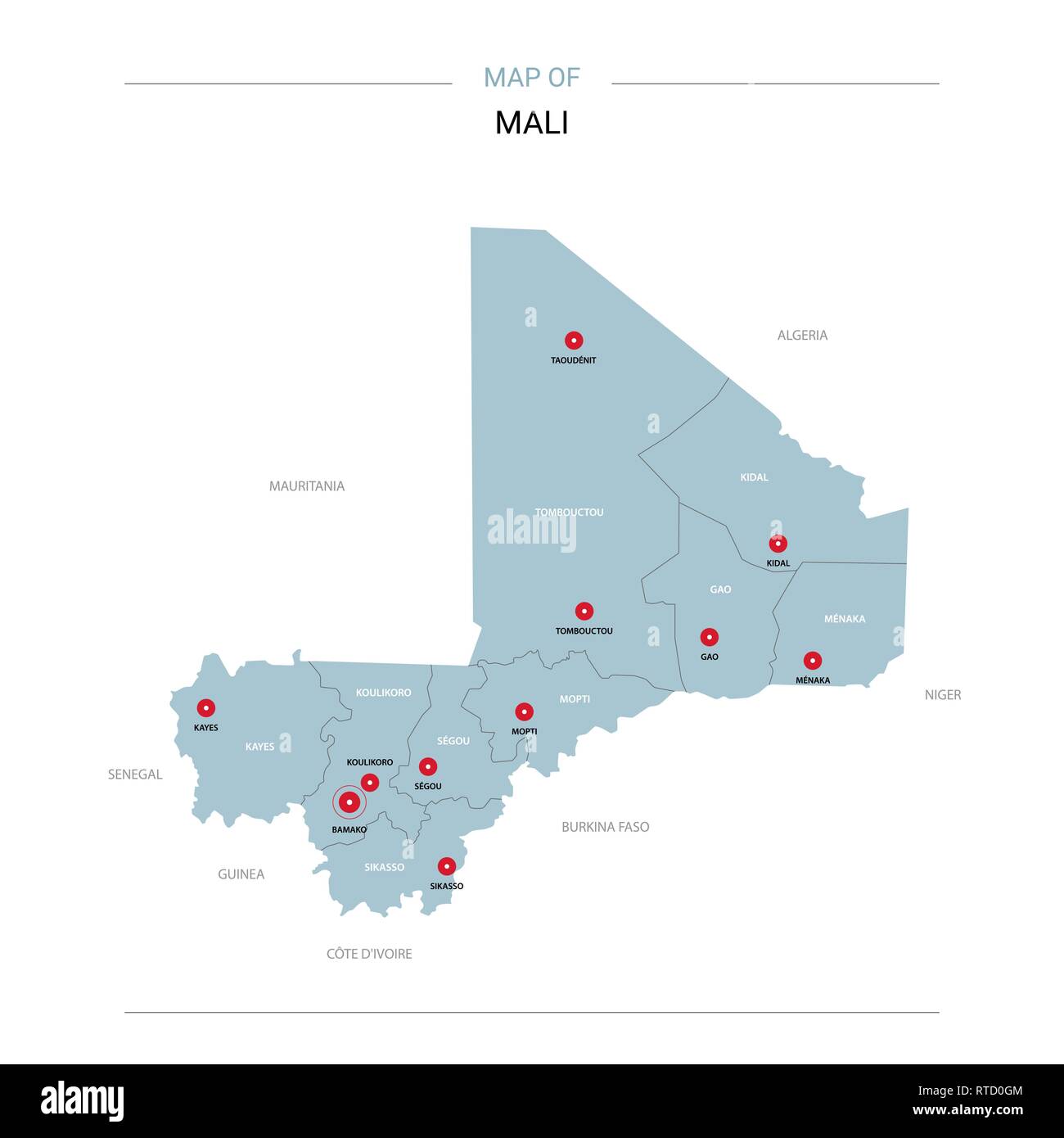 Mali vector map. Editable template with regions, cities, red pins and ...
