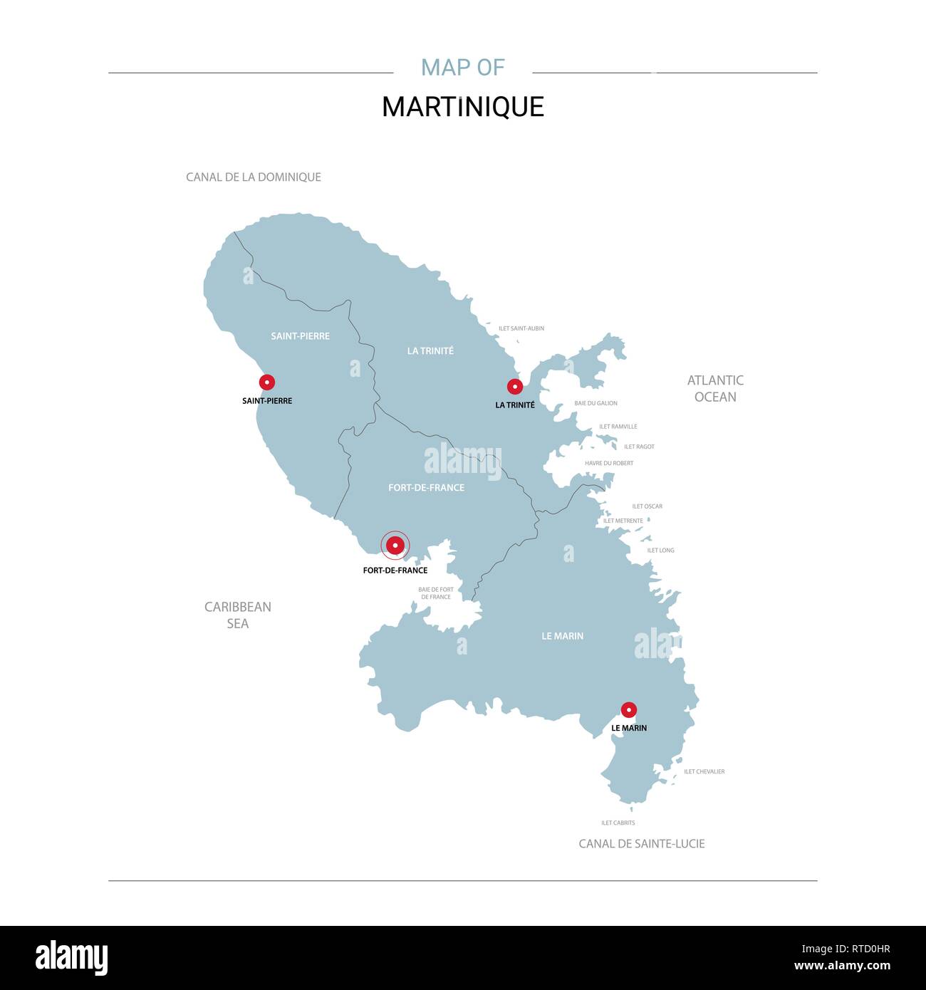 Martinique vector map. Editable template with regions, cities, red pins ...