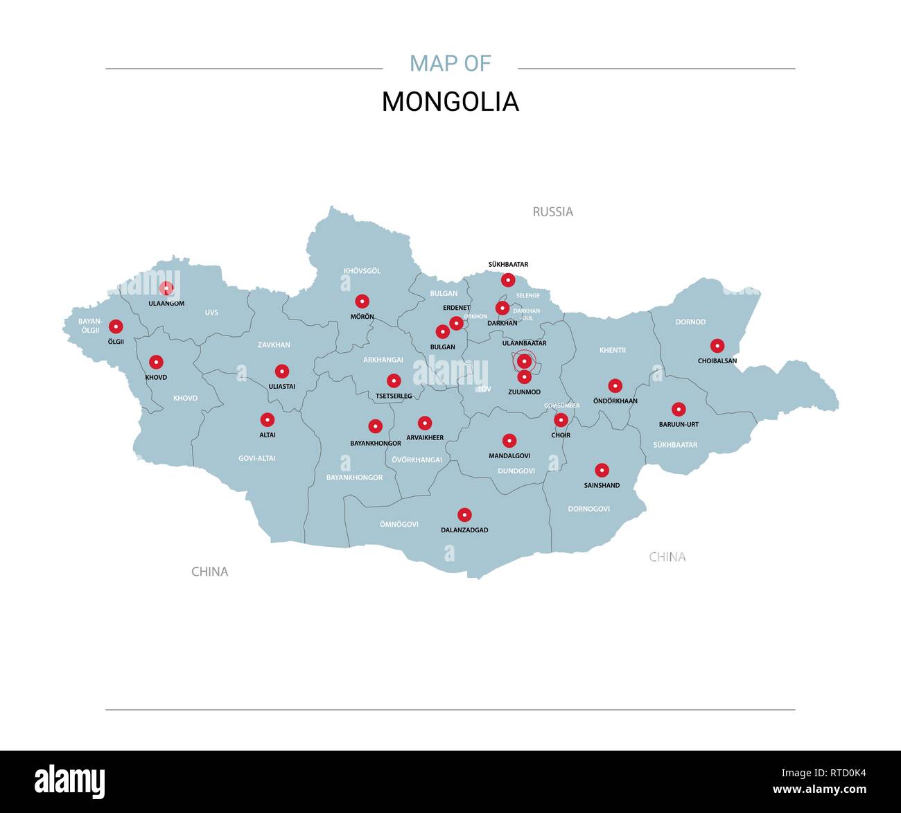 Mongolia vector map. Editable template with regions, cities, red pins ...