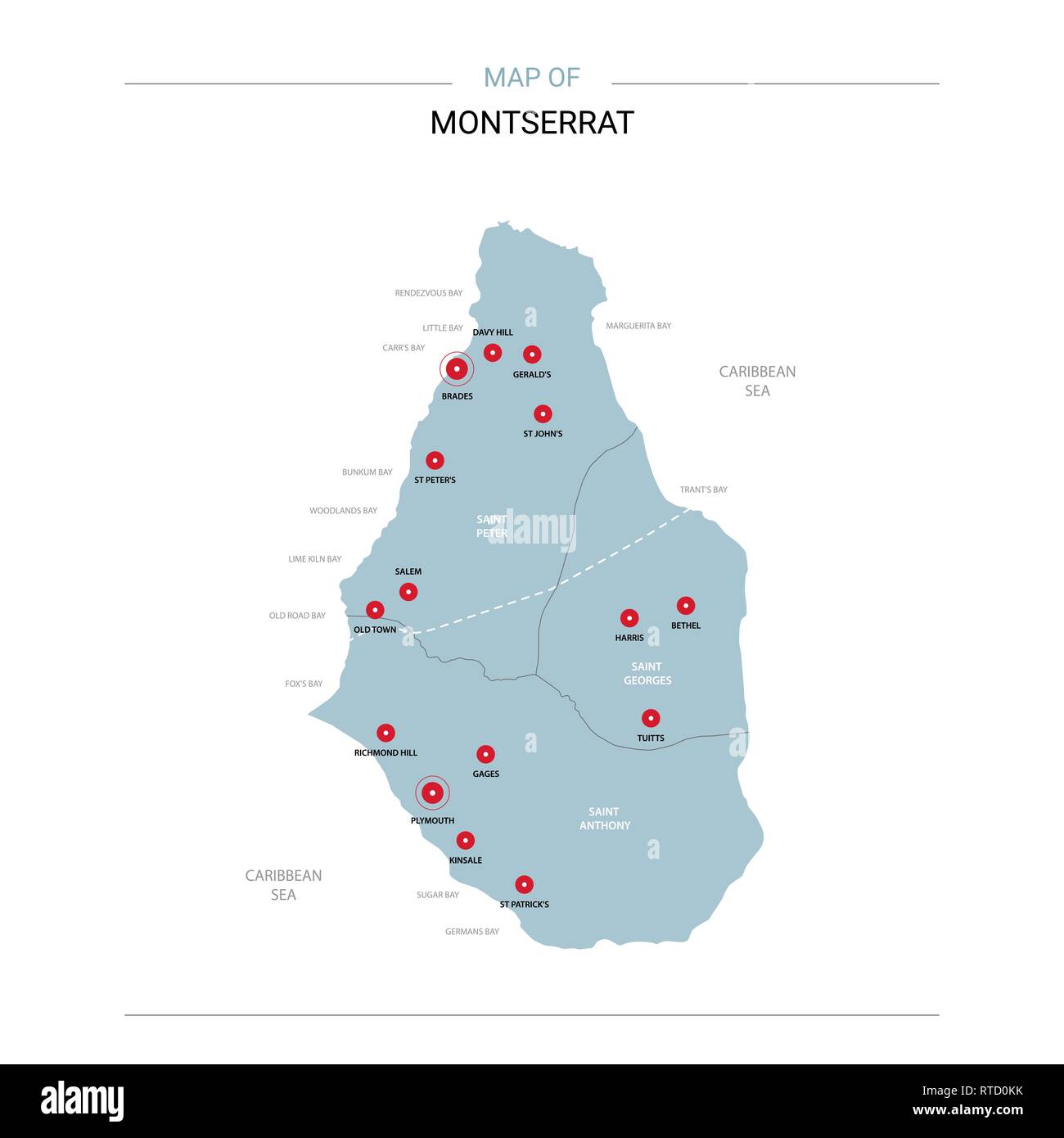 Montserrat vector map. Editable template with regions, cities, red pins ...