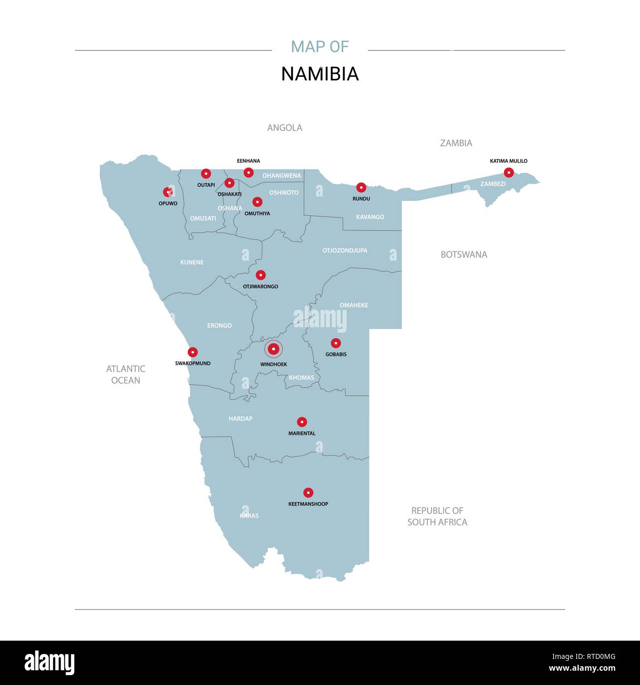 Namibia vector map. Editable template with regions, cities, red pins ...