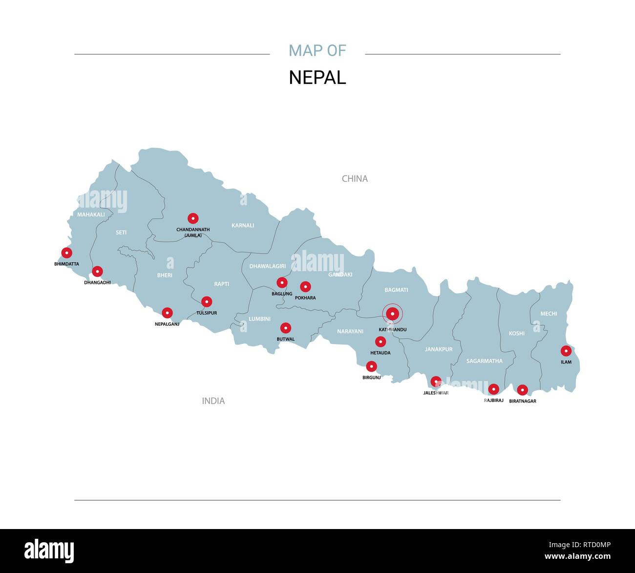 Nepal vector map. Editable template with regions, cities, red pins and ...