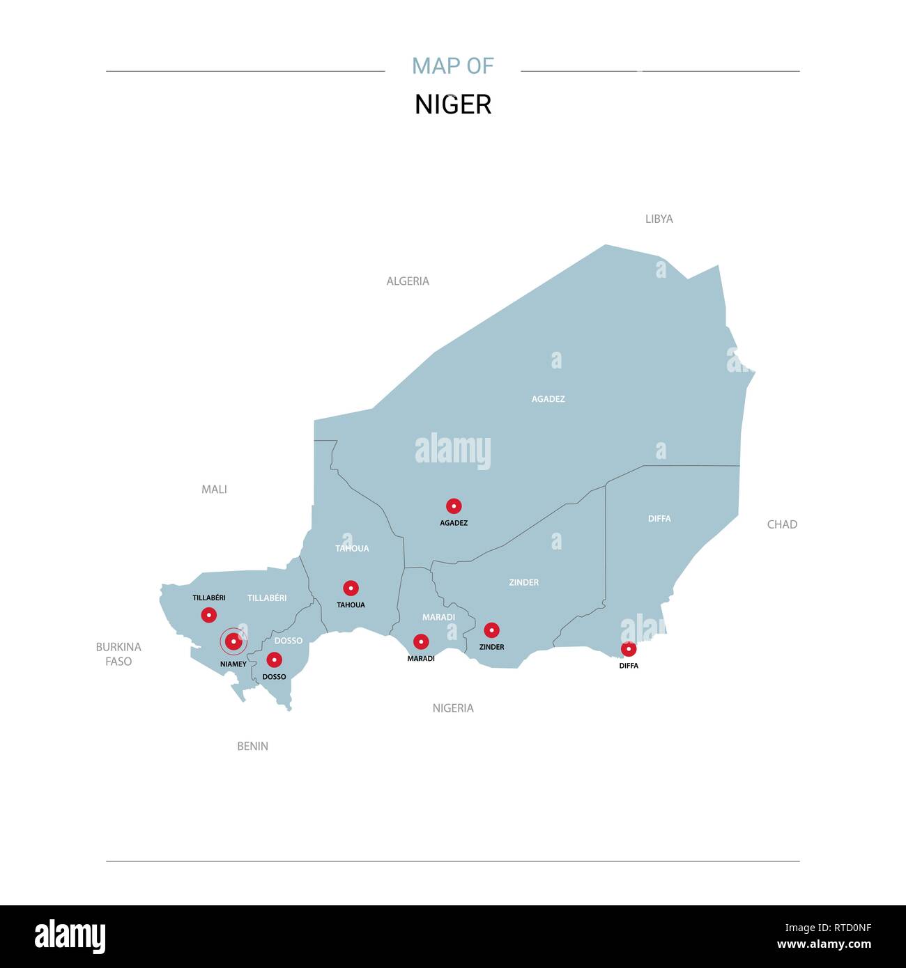 Niger vector map. Editable template with regions, cities, red pins and ...