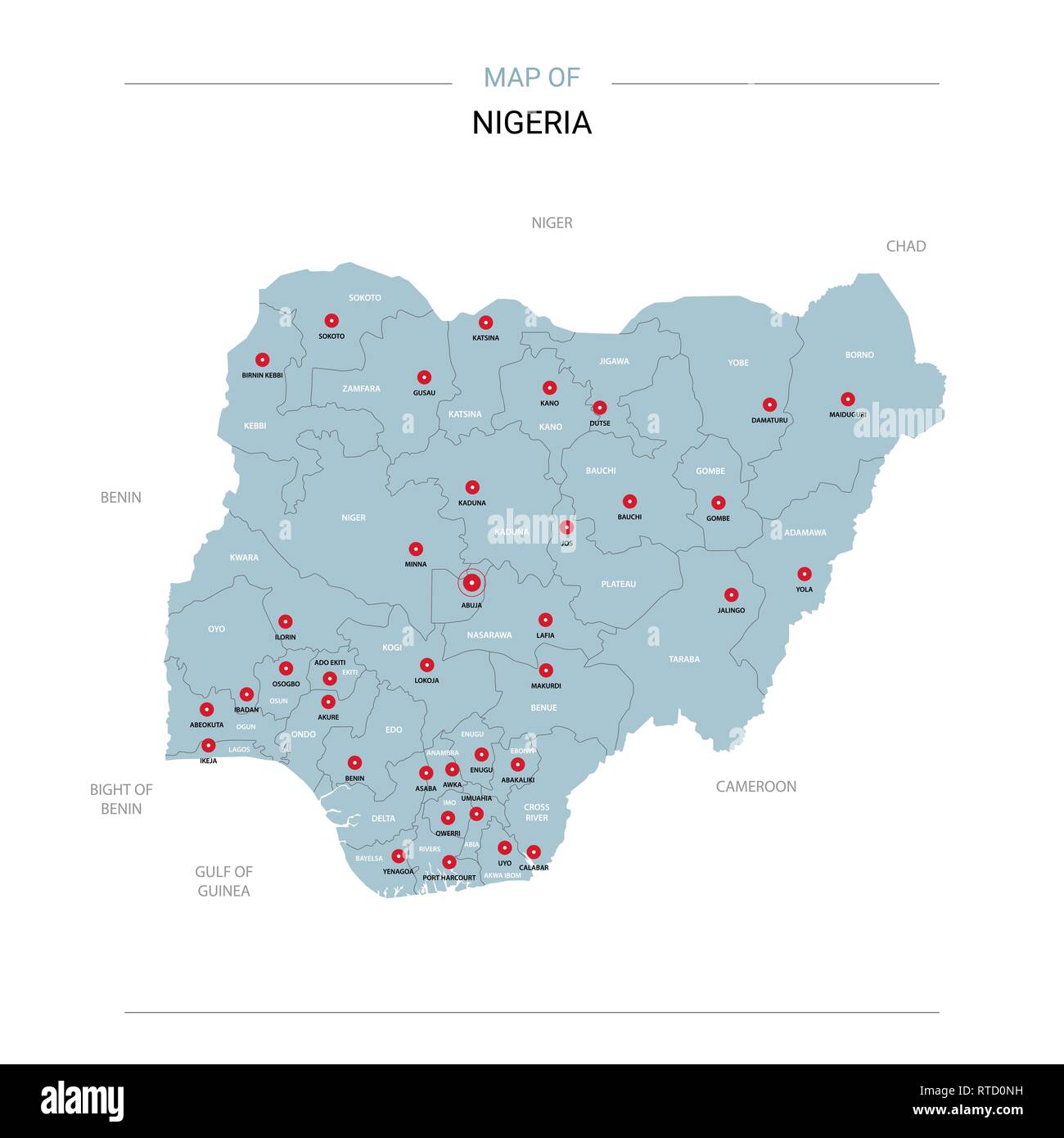Nigeria vector map. Editable template with regions, cities, red pins ...