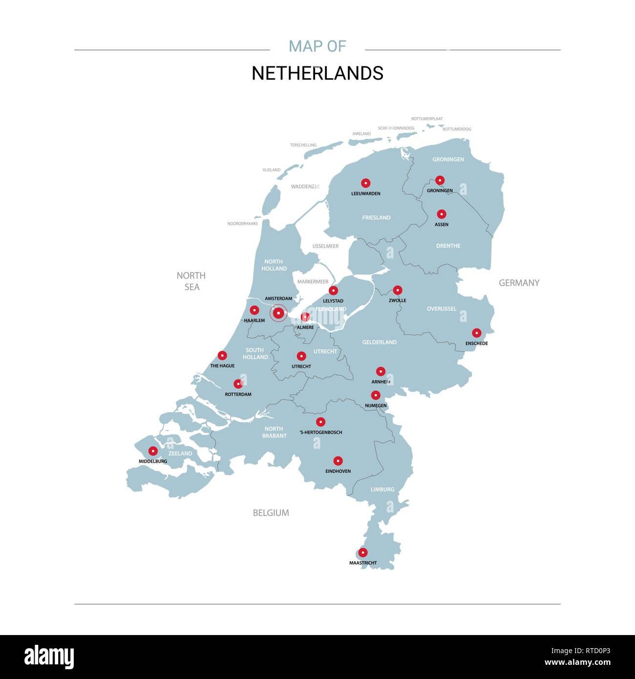 Netherlands vector map. Editable template with regions, cities, red ...