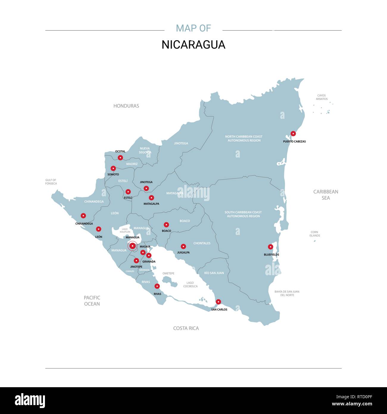 Nicaragua vector map. Editable template with regions, cities, red pins ...