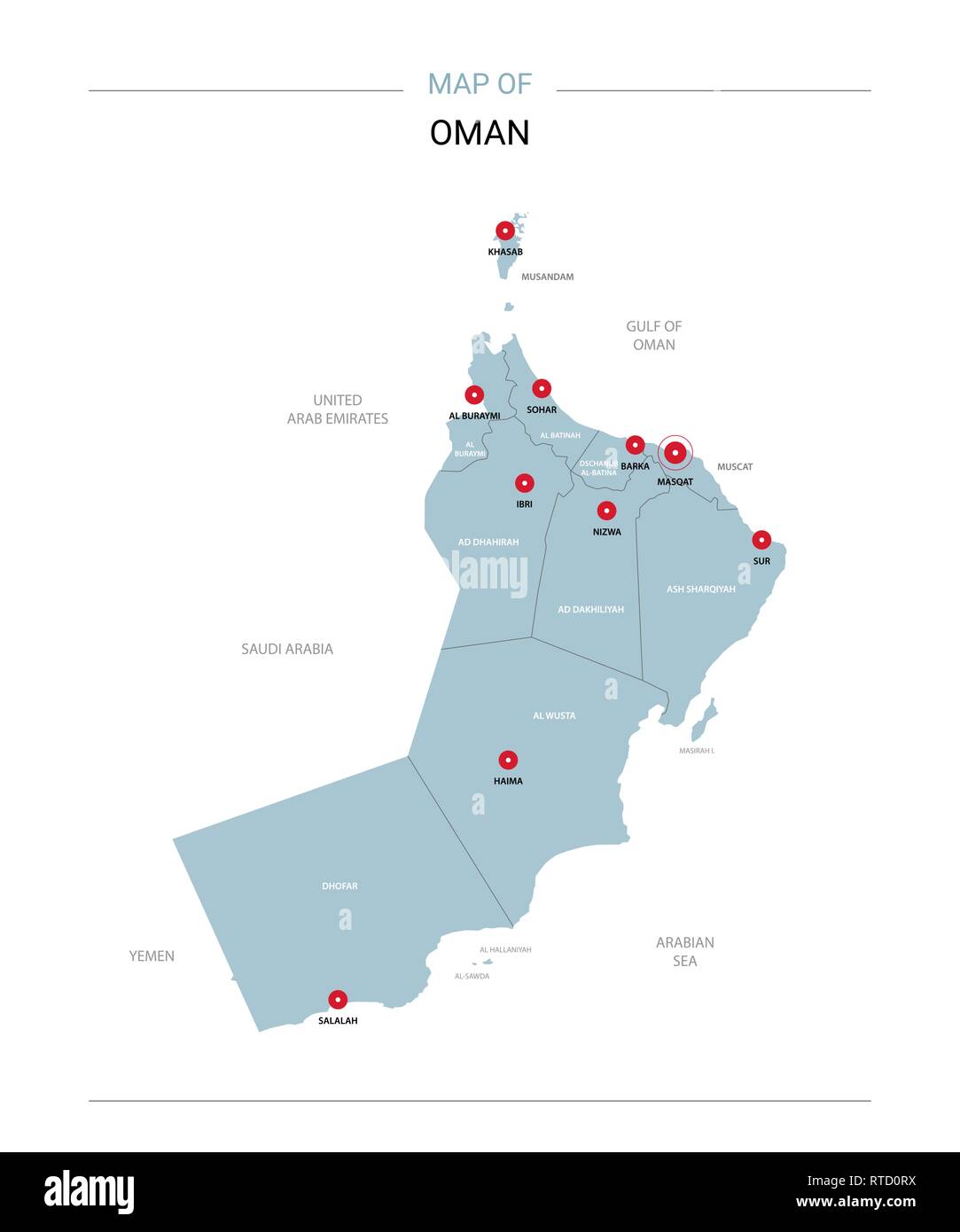 Oman vector map. Editable template with regions, cities, red pins and ...