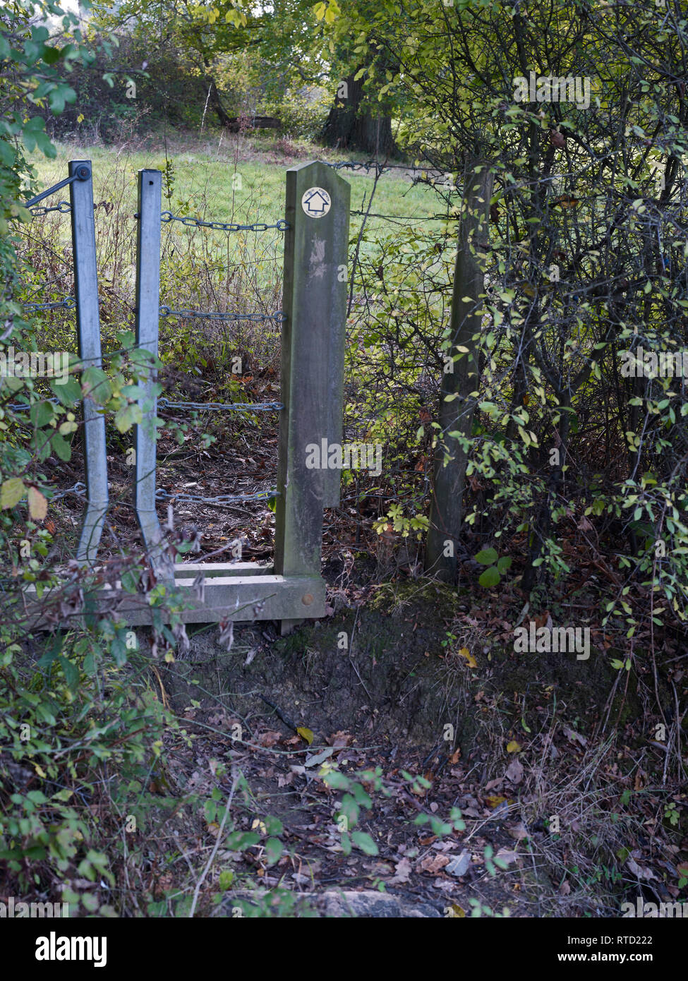 Path and right of way metal stile on a Kent countryside walking ...