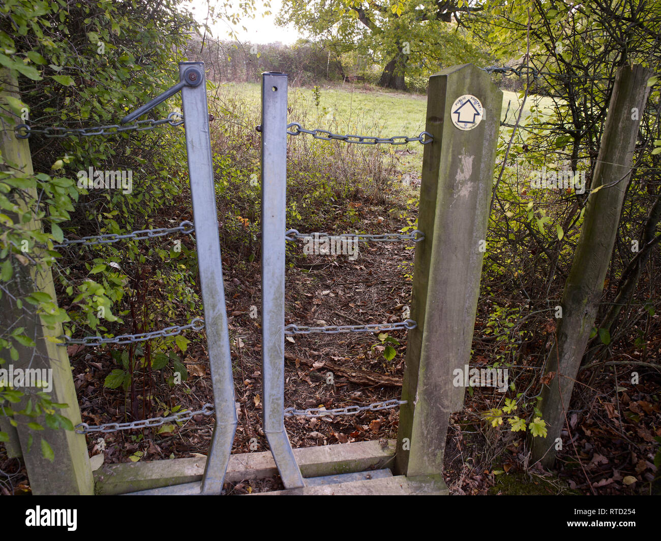Path and right of way metal stile on a Kent countryside walking ...