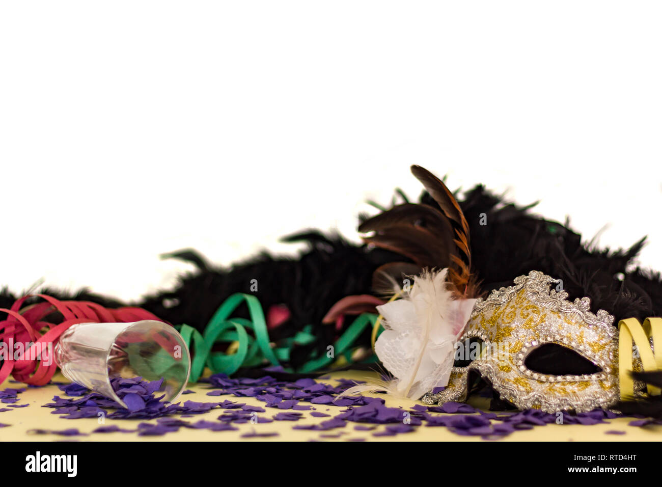 Mask, Streamers, Confetti and glass of champagne. Party concept Stock ...