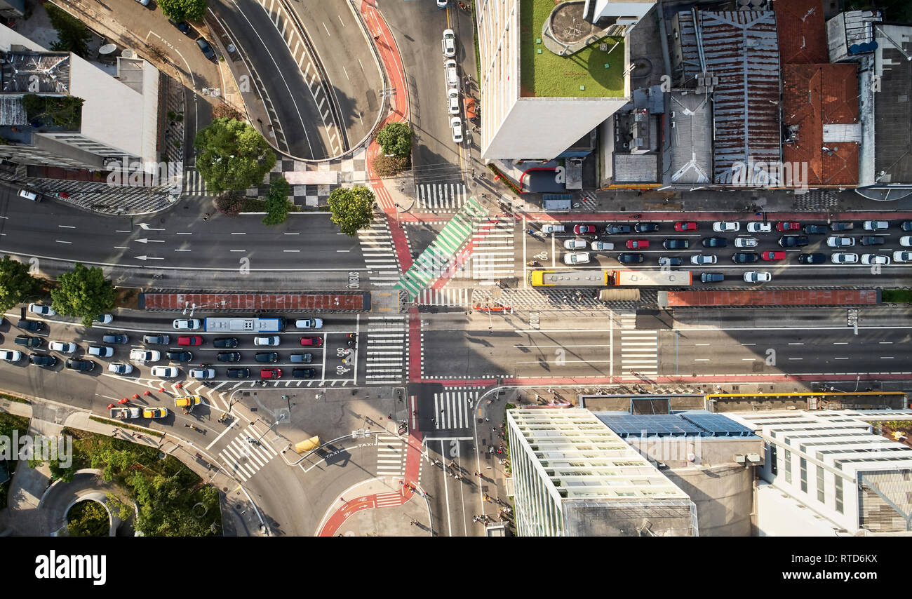 Sao Paulo, Brazil, top view of intersection between the Paulista avenue ...