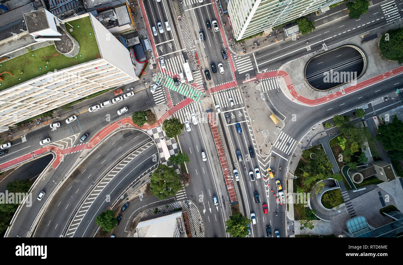 Sao Paulo, Brazil, top view of intersection between the Paulista avenue ...