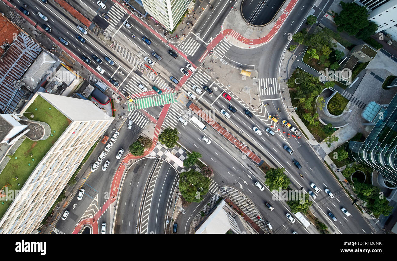 Sao Paulo, Brazil, top view of intersection between the Paulista avenue ...