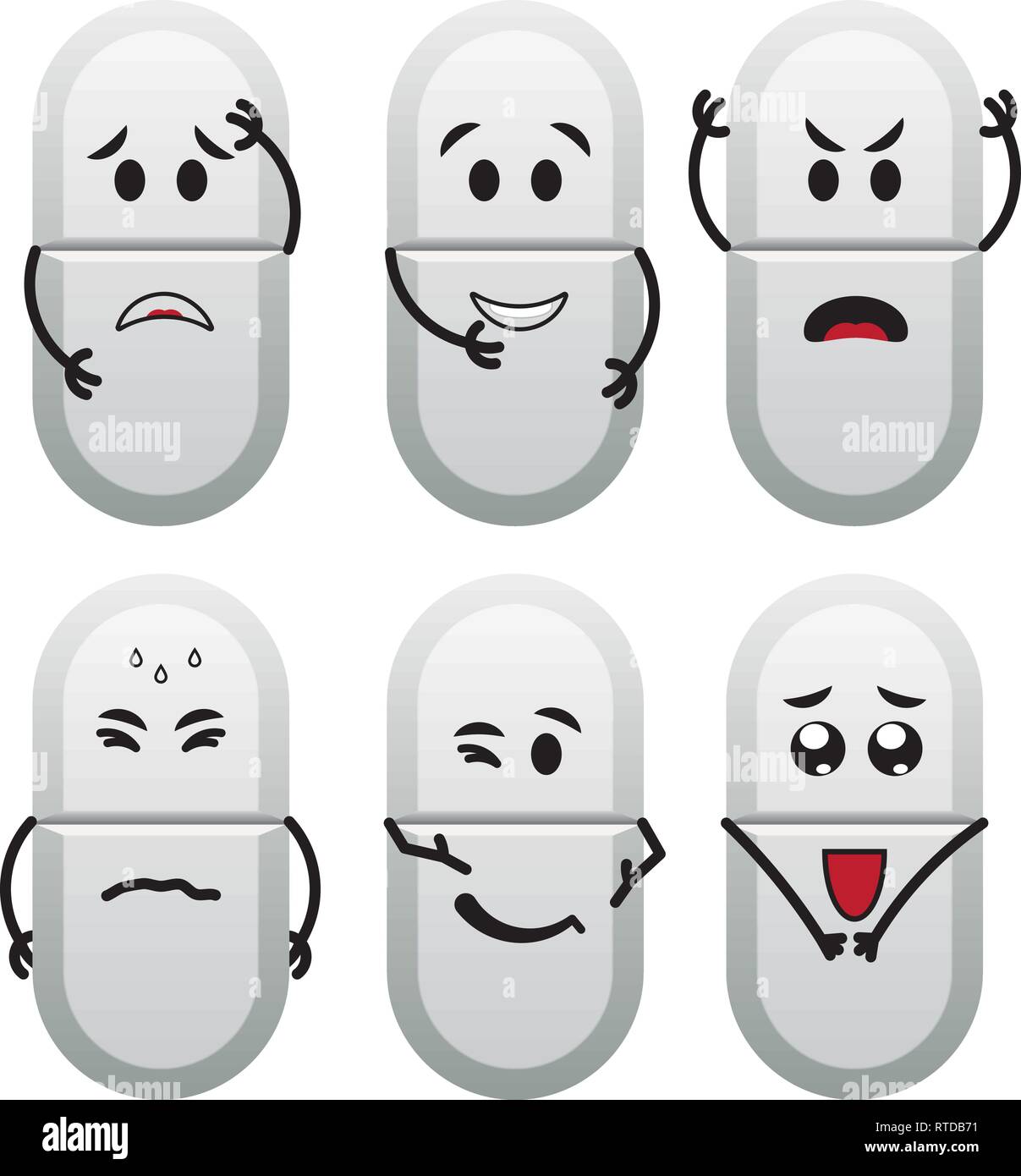 Funny white cartoon pills or tablets with different emotions. Vector ...
