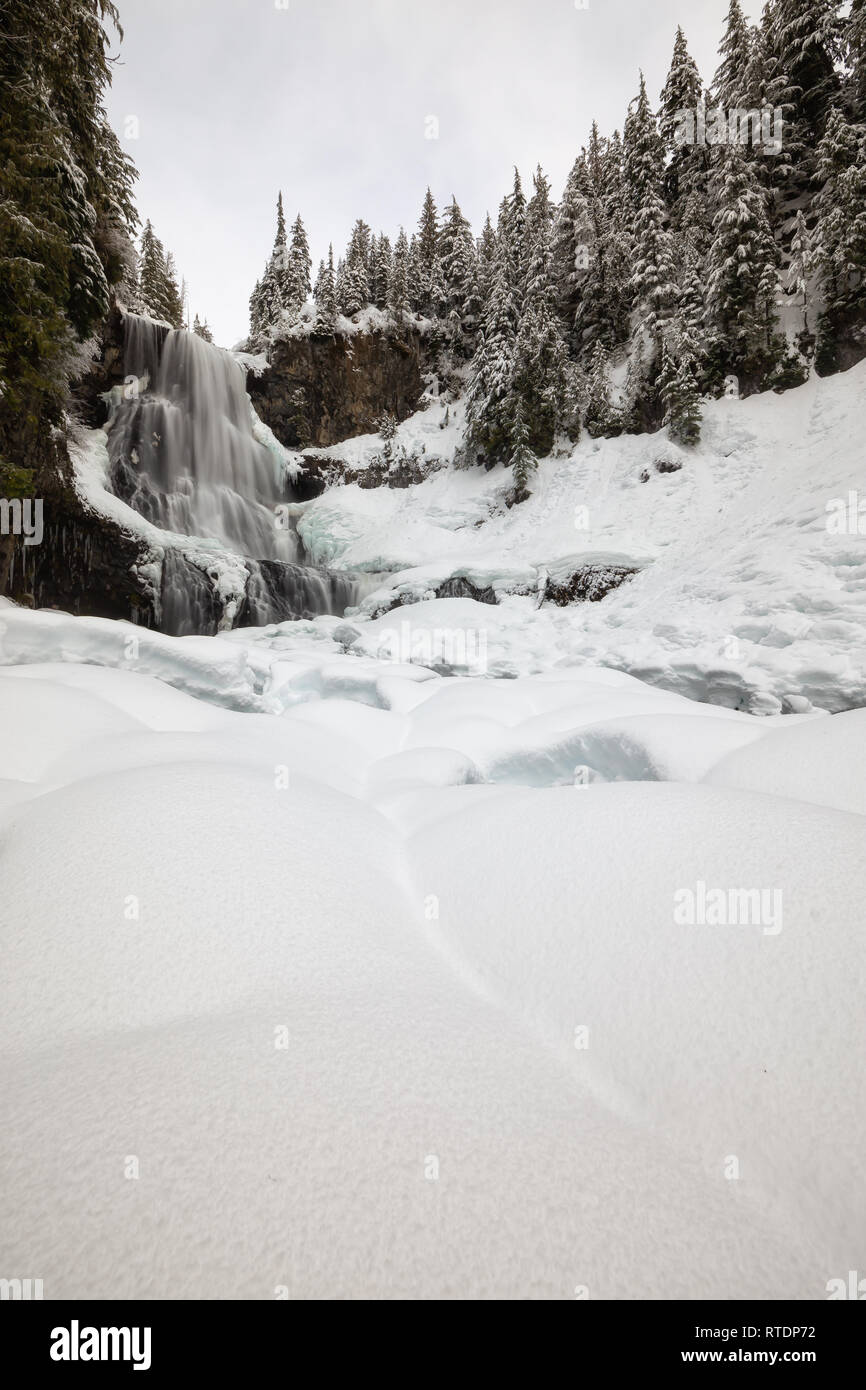 Beautiful Canadian Winter Landscape of the Waterfall during a white ...