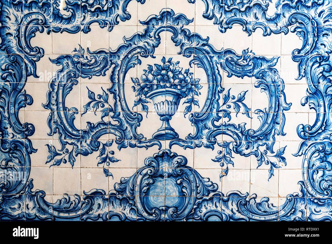 Historical tile picture made of blue Azulejo tiles, painted ceramic ...