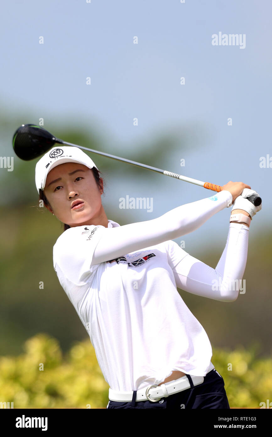 Singapore. 1st Mar, 2019. Yu Liu of China tees off on the 3rd hole ...