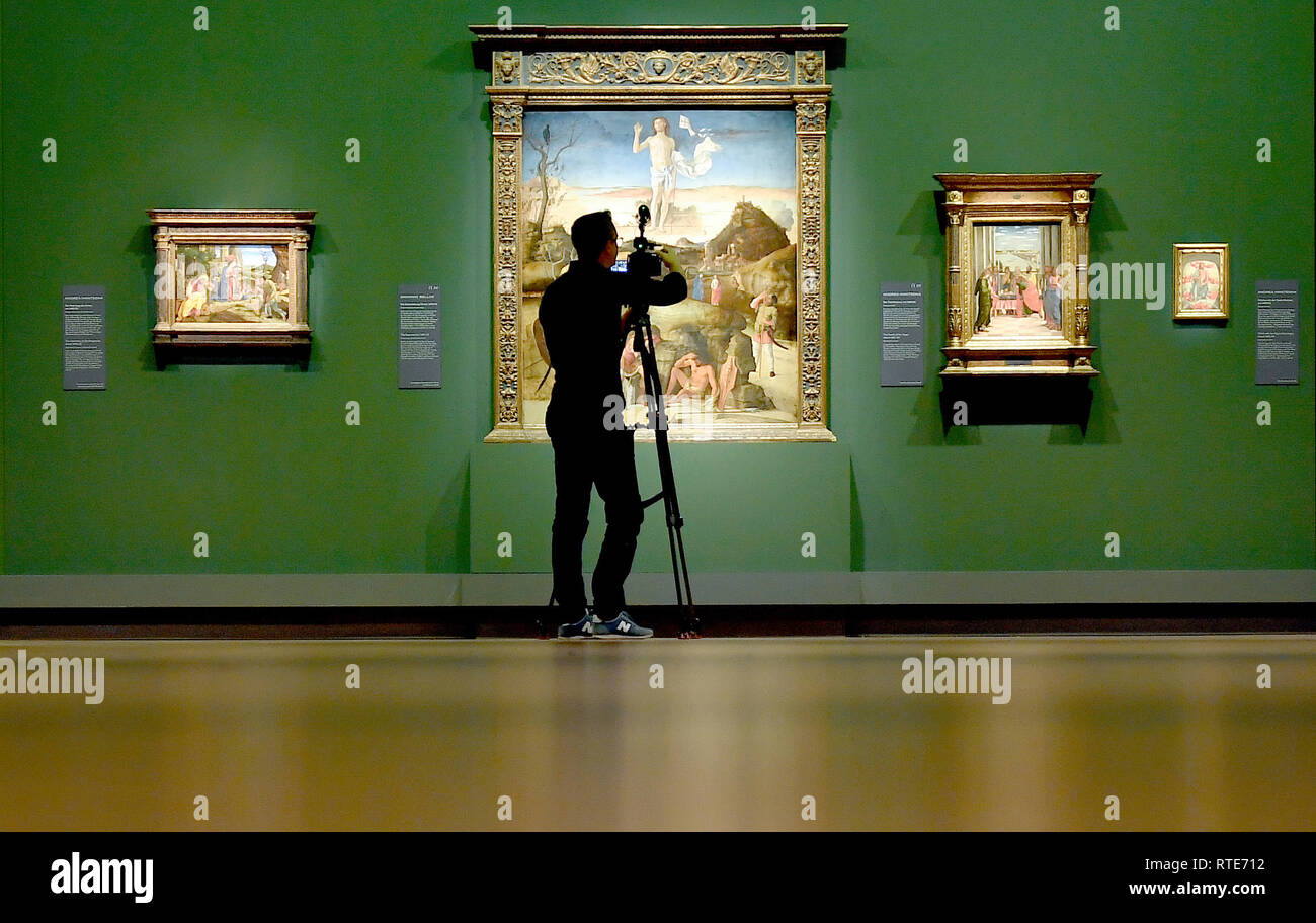 01 March 2019, Berlin: A cameraman films Giovanni Bellini's painting ...