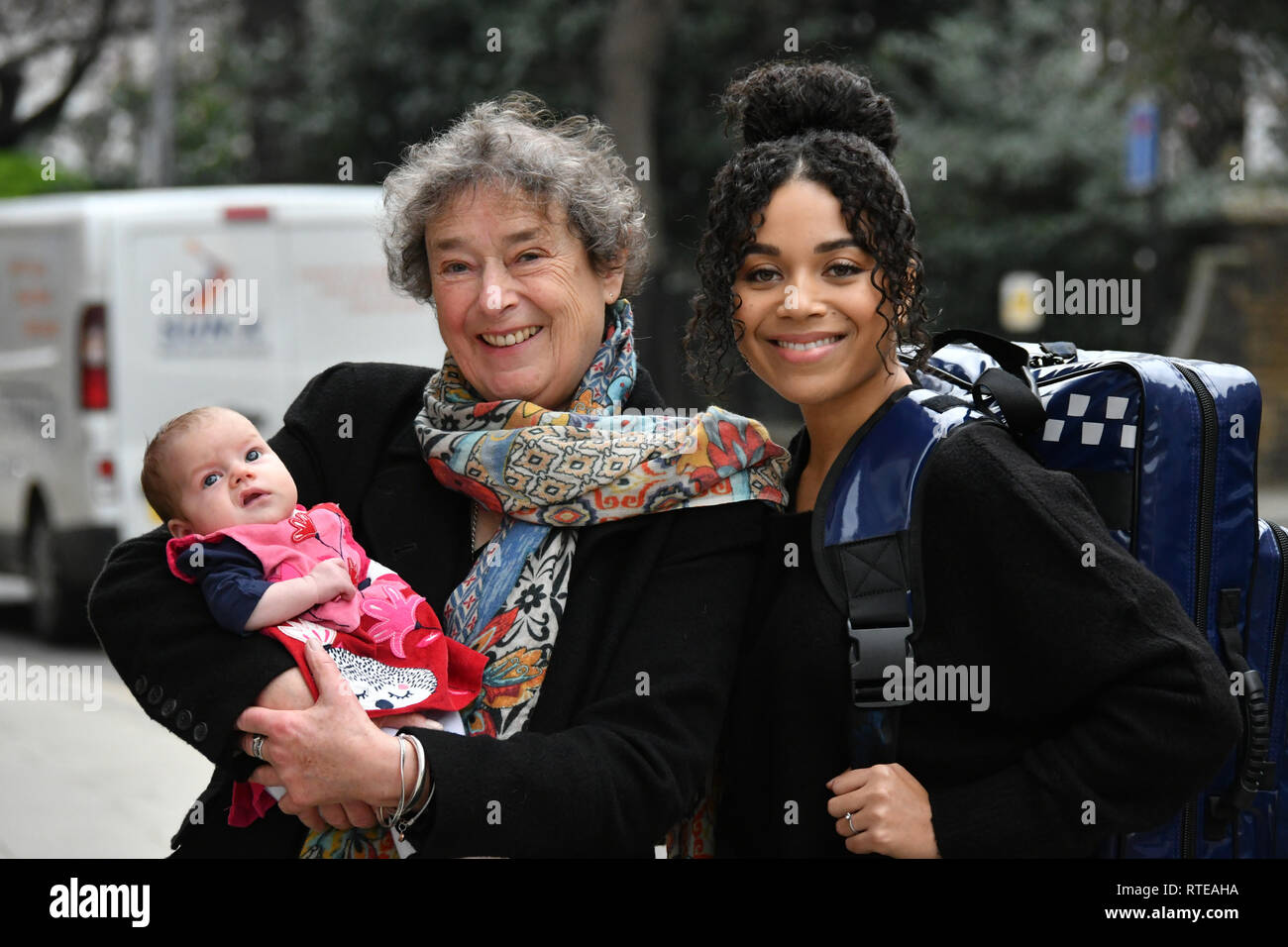 London, UK. 01st March, 2019. Linda Bassett, with baby Betty Darby aged ...