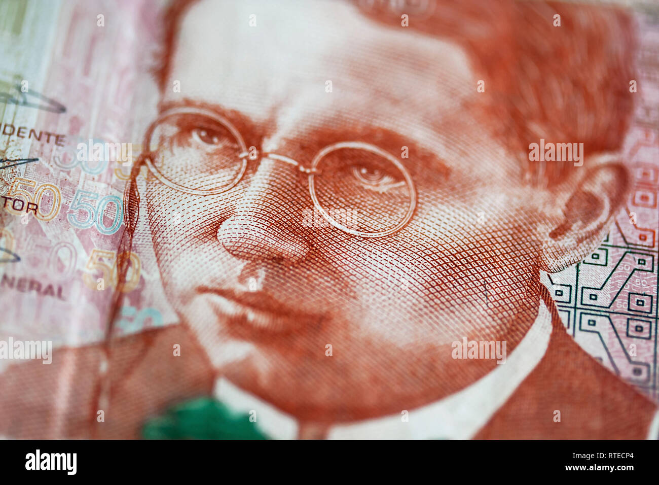 Macro of 50 soles bills, Peruvian currency concept, close up on 50 bank ...