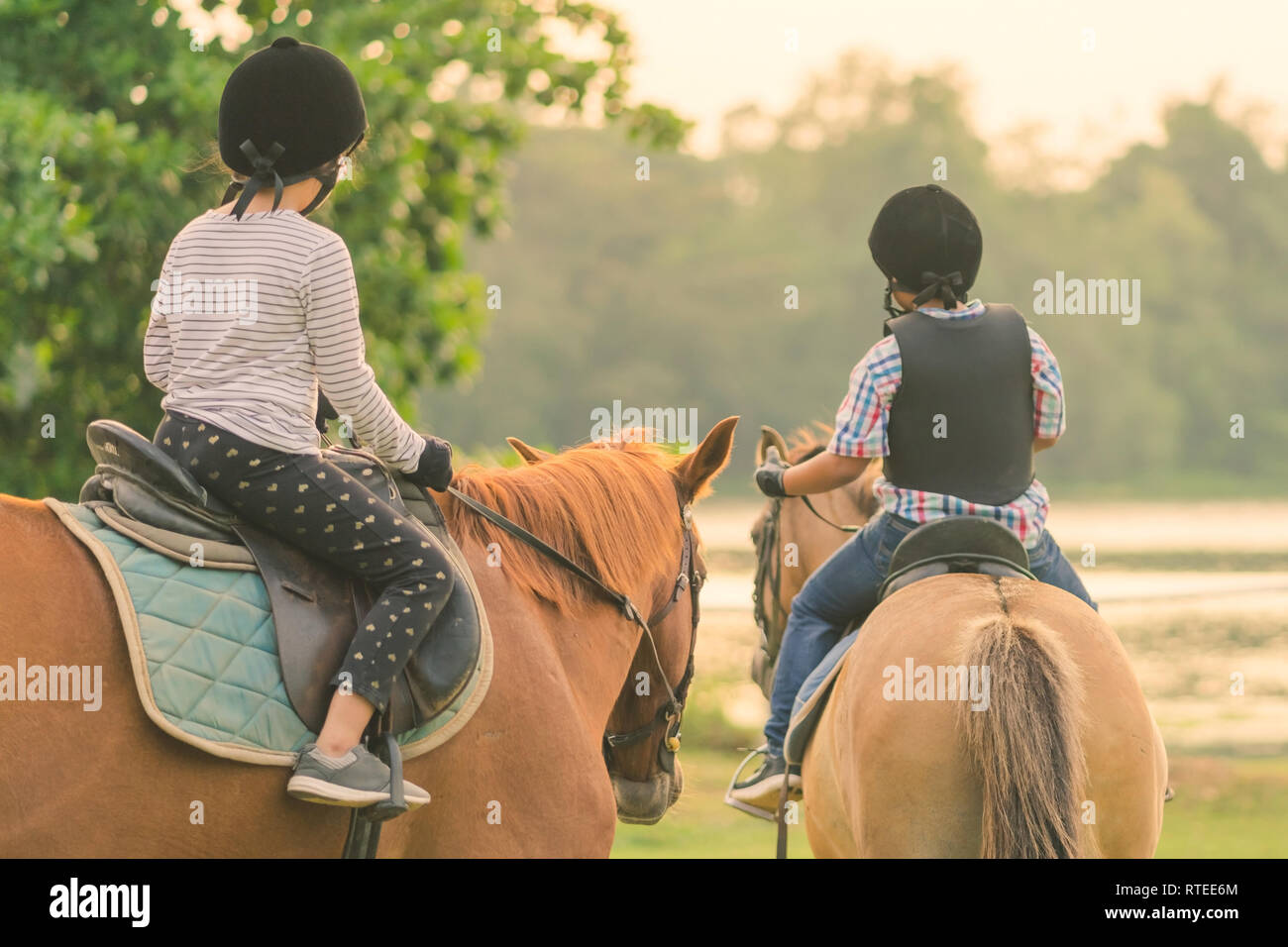 Kids learn to ride a horse near the river before sunset Stock Photo - Alamy