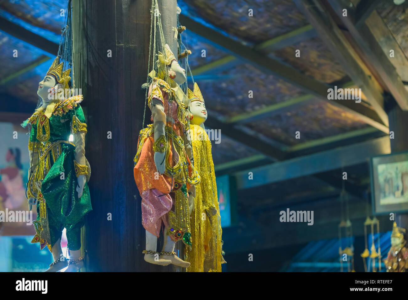 Traditional handicraft puppets for sale in the ancient pagoda in Bagan ...