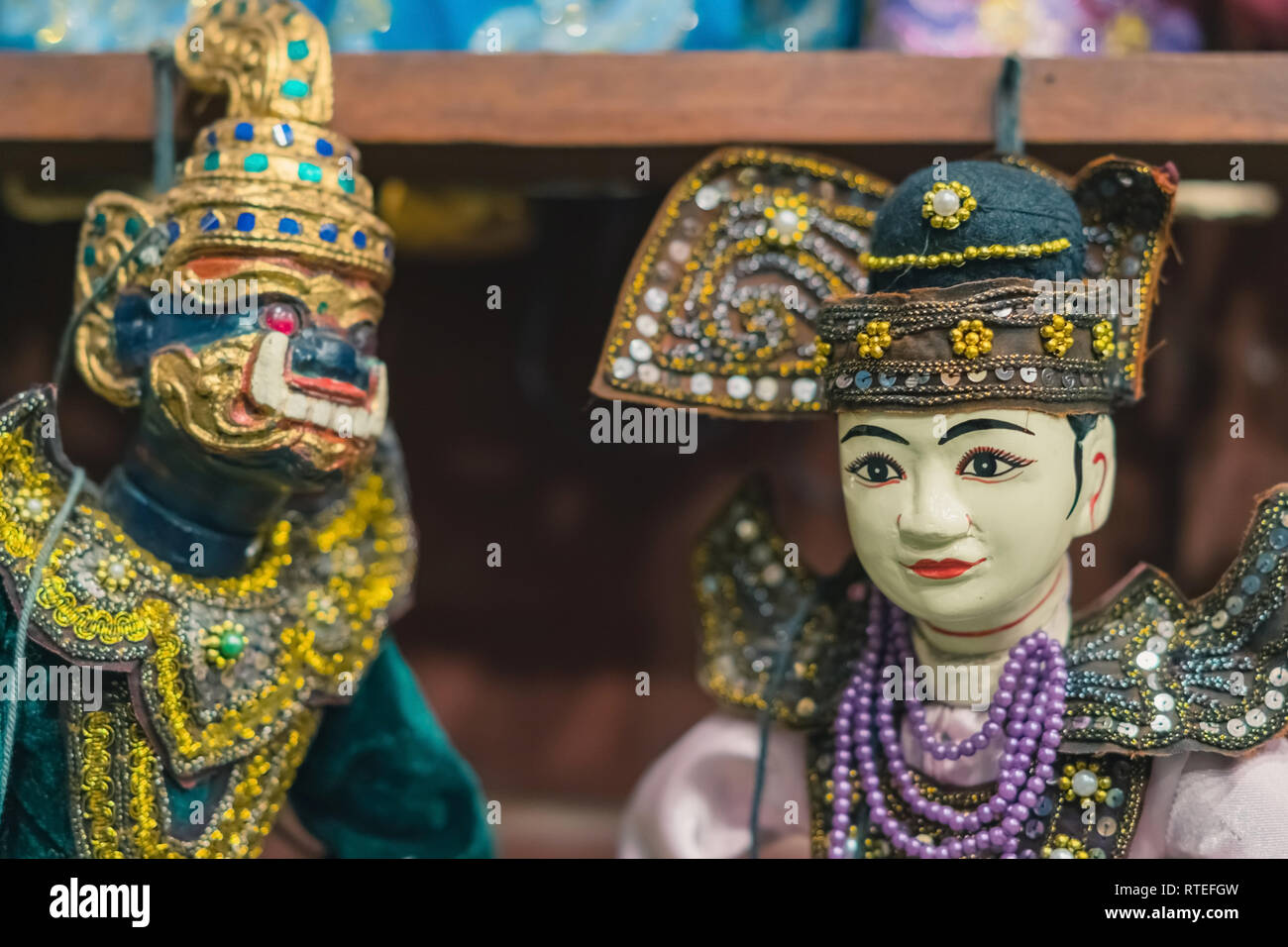 Traditional handicraft puppets for sale in the ancient pagoda in Bagan ...