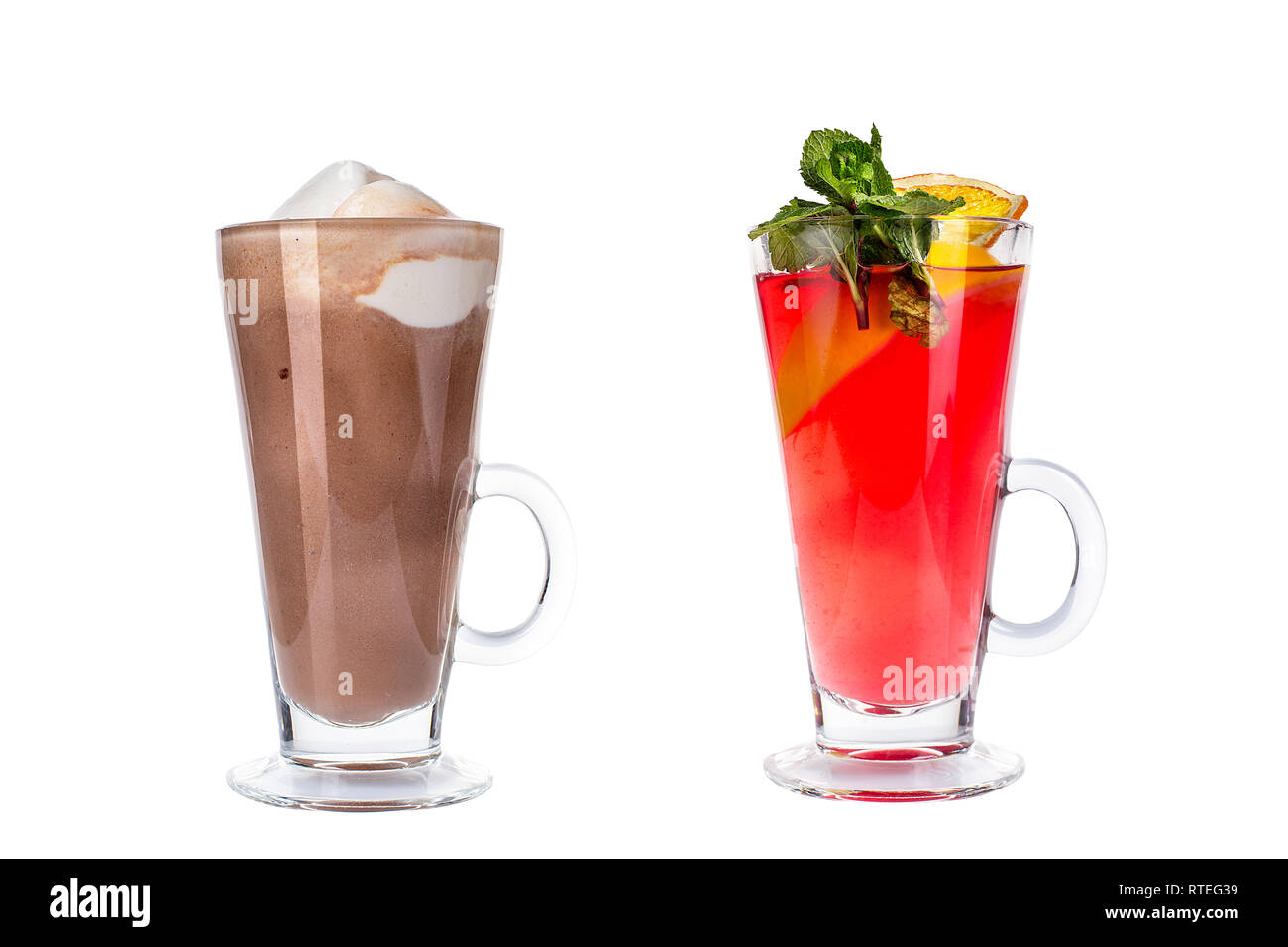 Various colorful cocktails in glass mugs on white background. Isolated ...