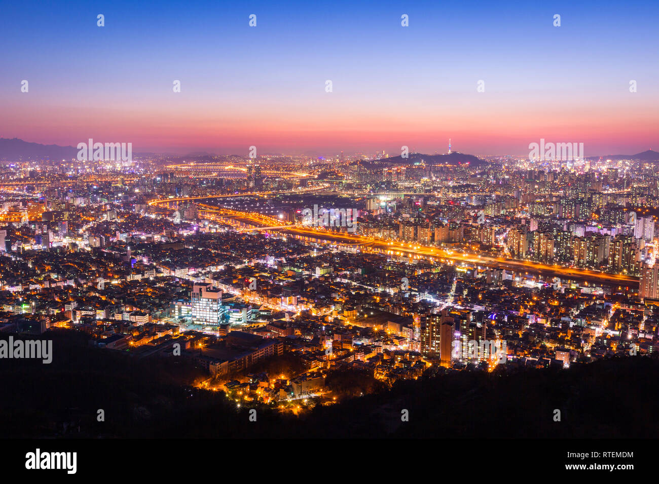 Downtown Seoul Beautiful night of Korea with Seoul Tower after sunset ...