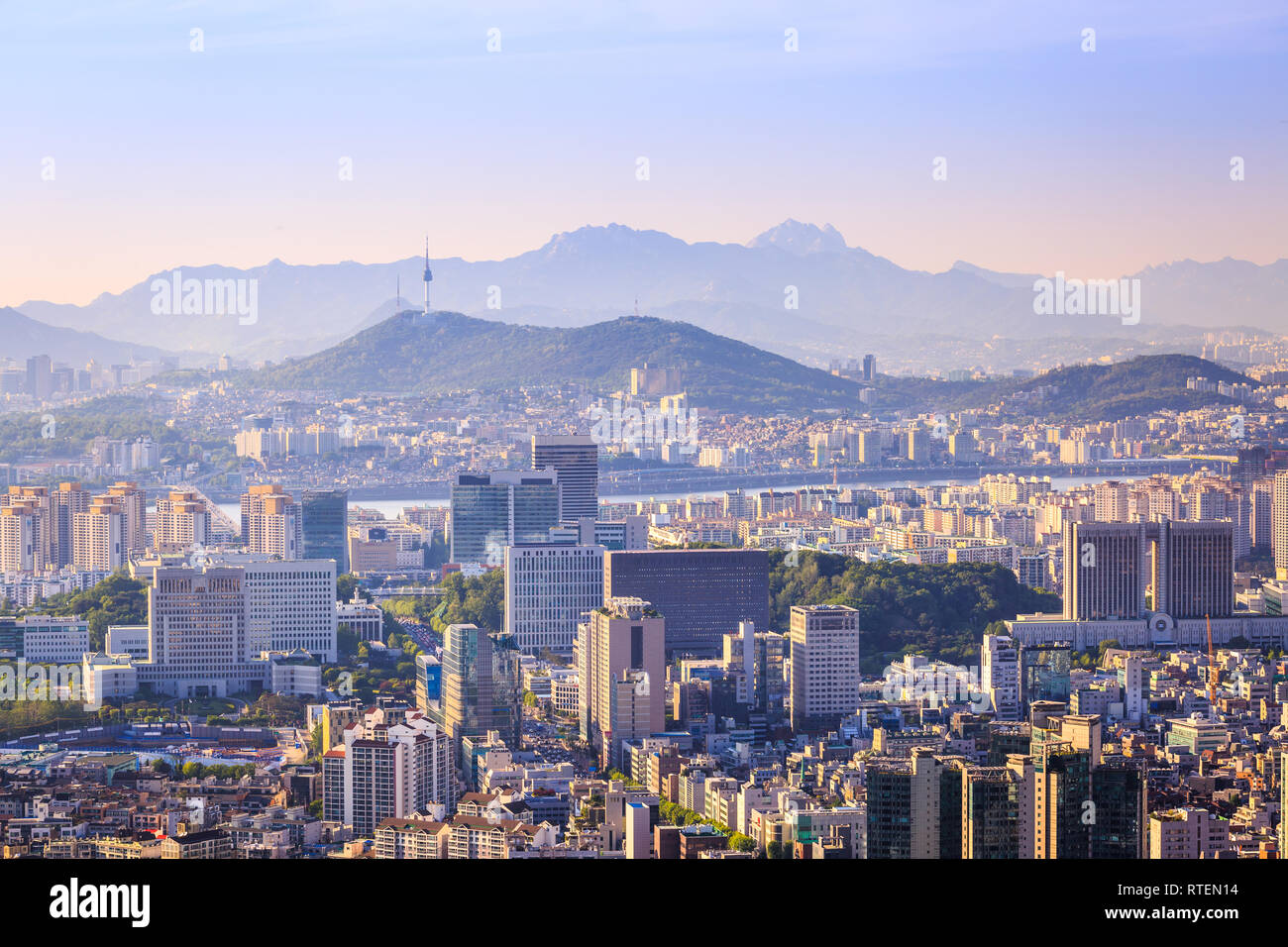 Seoul city and Downtown skyline in aerial, South Korea Stock Photo - Alamy