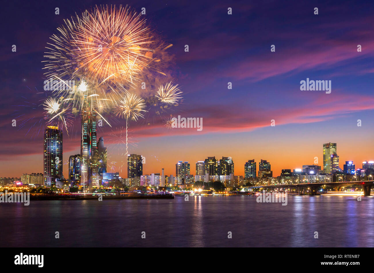 Seoul Fireworks Festival in Night city at Yeouido, South Korea Stock ...