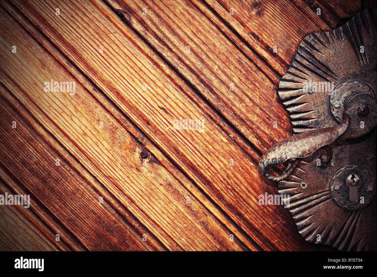 metallic locker on old wooden door, old texture for your design Stock ...