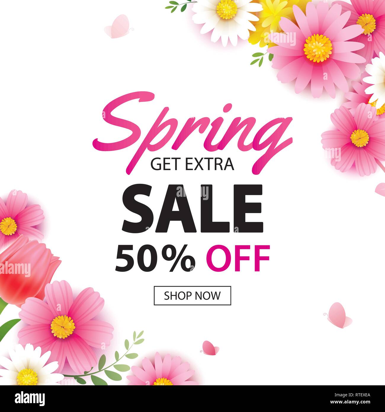 Spring sale square banner with blooming flowers background template ...