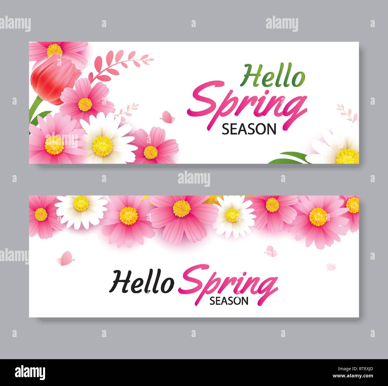 Hello spring greeting card and invitation with blooming flowers ...