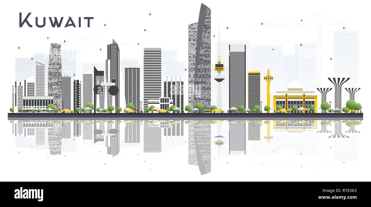 Kuwait City Skyline with Gray Buildings and Reflections Isolated on ...
