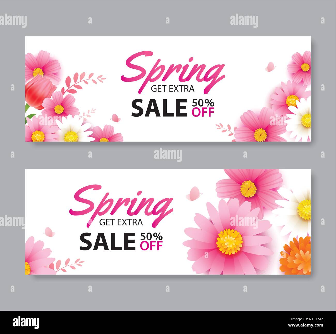 Spring sale voucher banner with blooming flowers background template ...