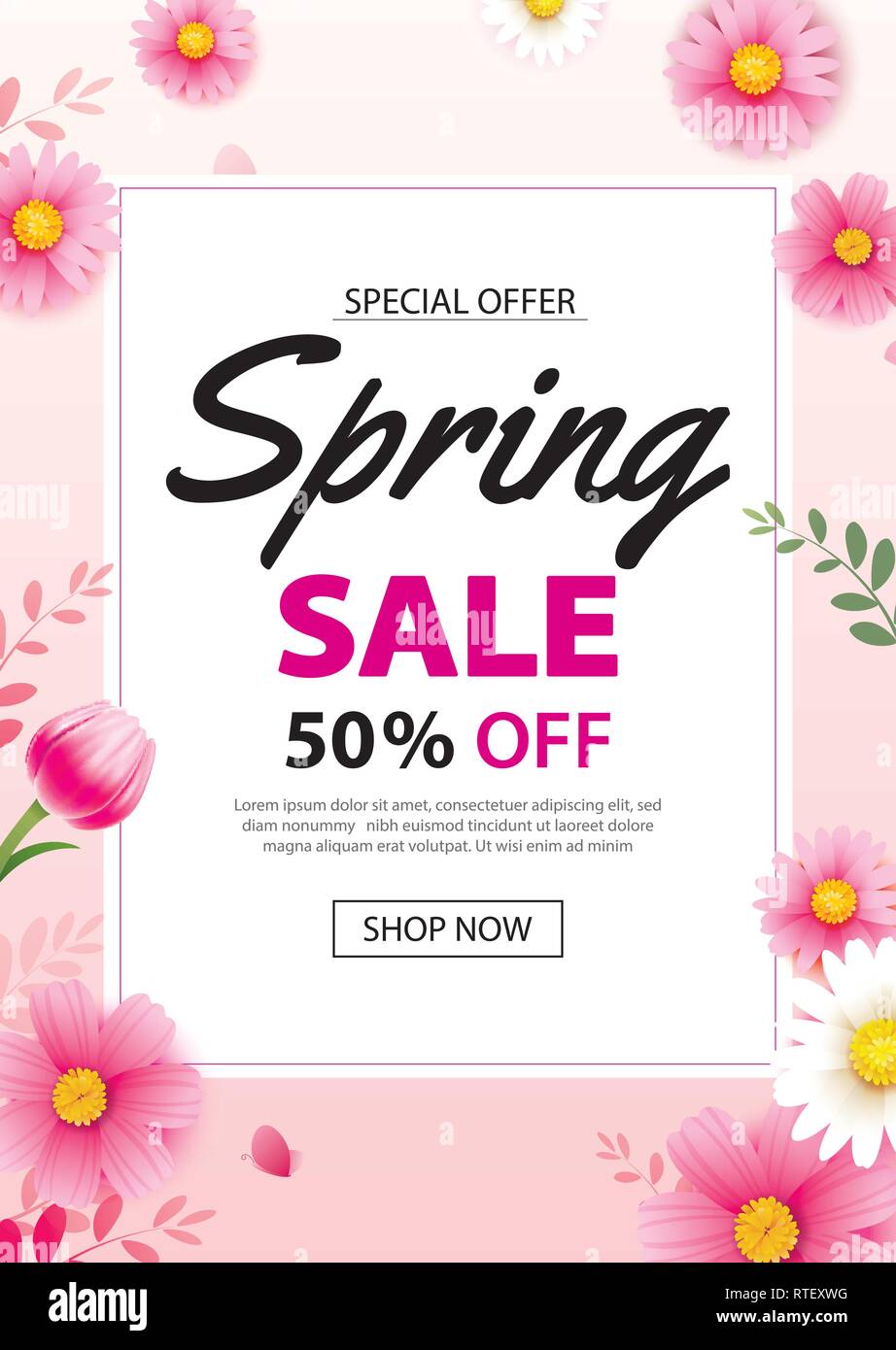 Spring sale poster banner with blooming flowers background template ...